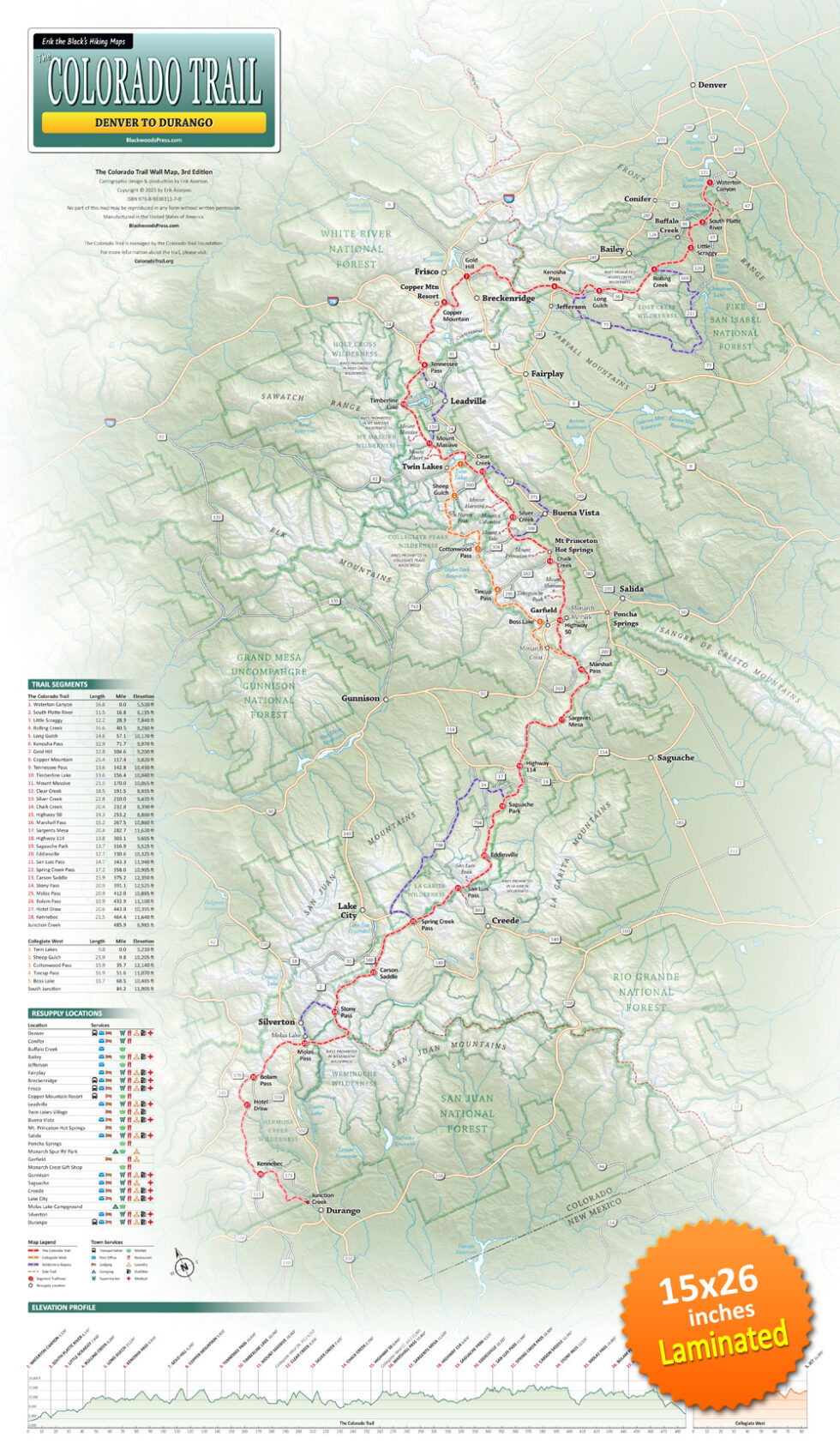 Erik the Black's Colorado Trail Map - Laminated Wall Map